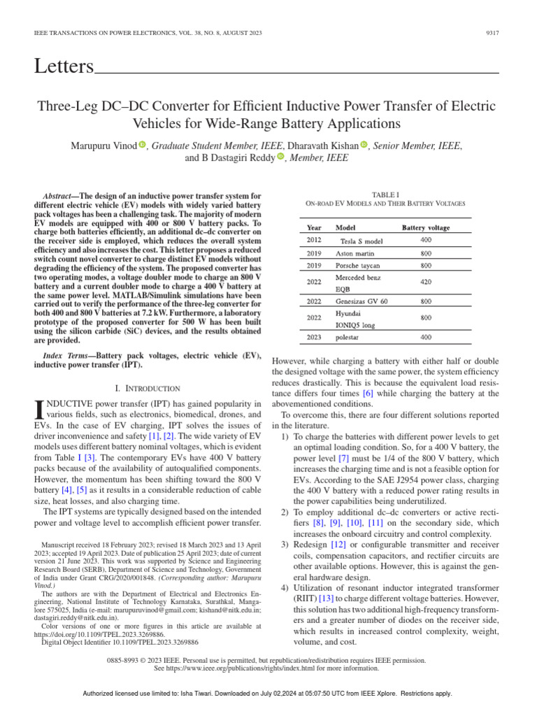 Three-Leg DCDC Converter For Efficient Inductive Power Transfer of Electric Vehicles For Wide ...