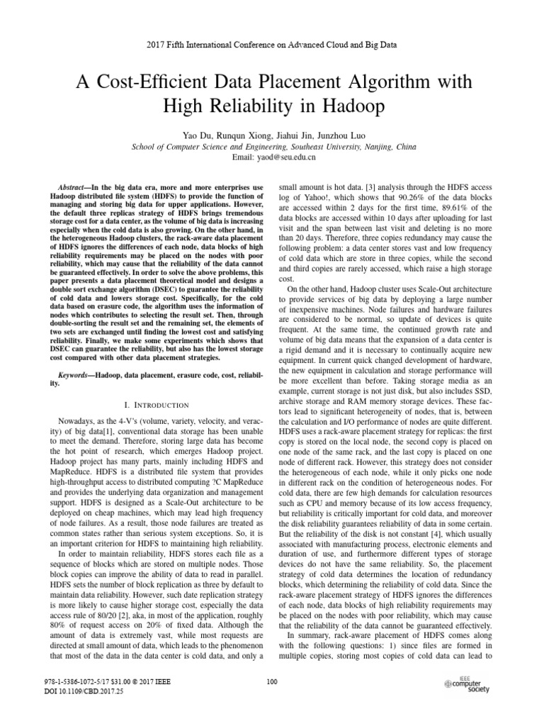 A Cost Efficient Data Placement Algorithm 2017 Pdf Apache Hadoop