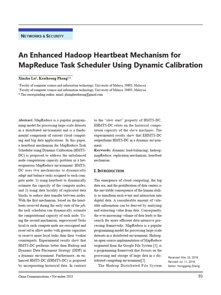 An Enhanced Hadoop Heartbeat Mechanism For Mapreduce Task-2018 | PDF | Apache Hadoop | Map Reduce