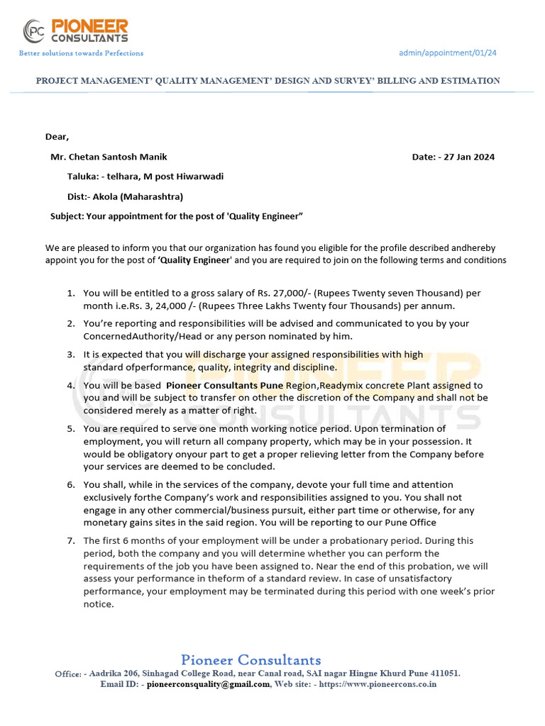 Appointement Letter Chetan | PDF | Business | Justice