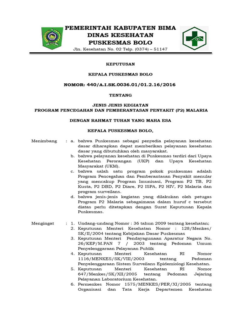 SK Jenis Kegiatan Program P2 Malaria | PDF