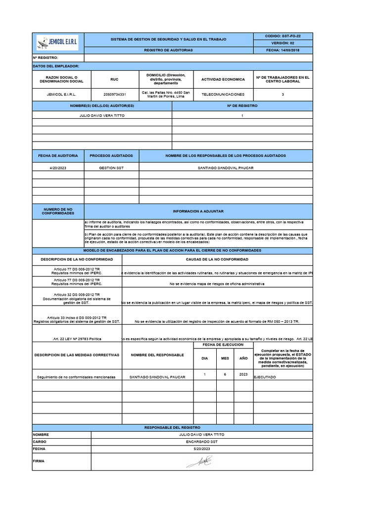 SST FO 23 Registro de Auditorias | PDF | Auditoría SST FO 23 Registro de Auditorias | PDF | Auditoría