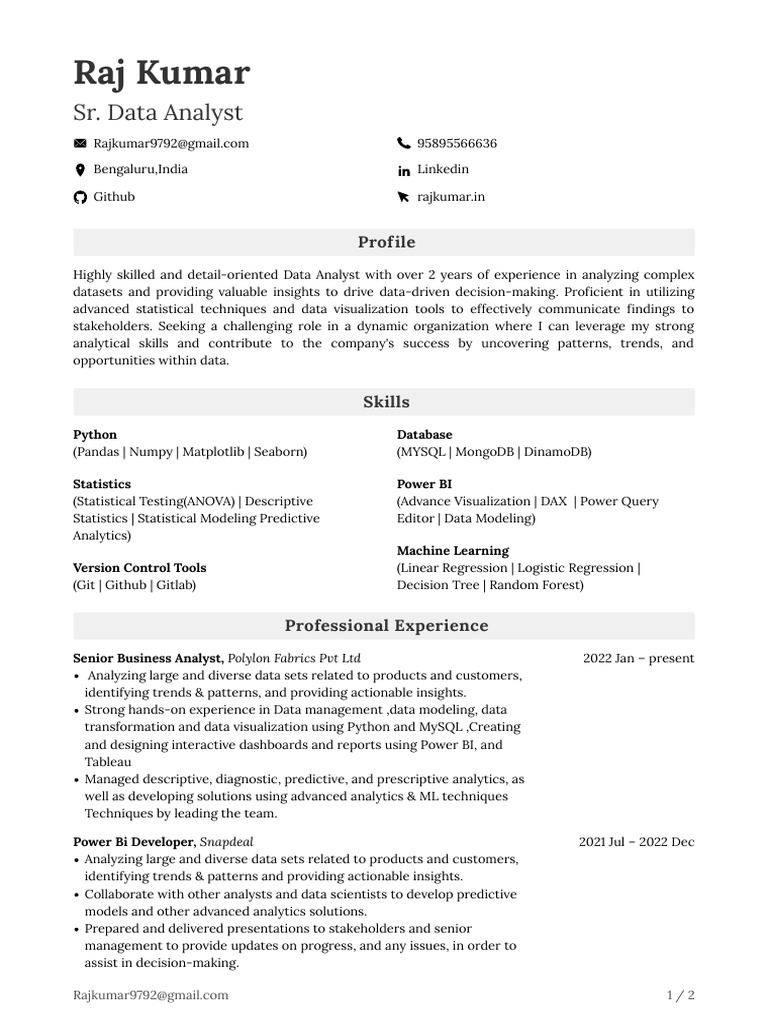 Data Analyst Resume: 2 Years Experience | PDF | Analytics | Data Science