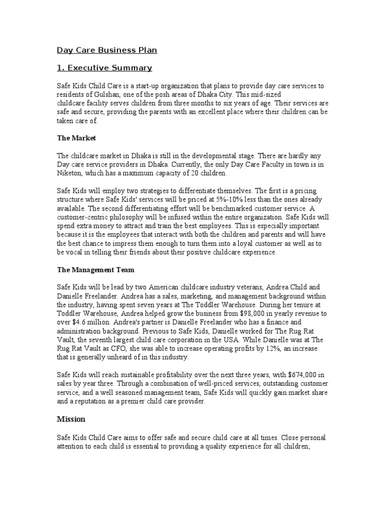 Day Care Business Plan | PDF | Child Care | Relationships
