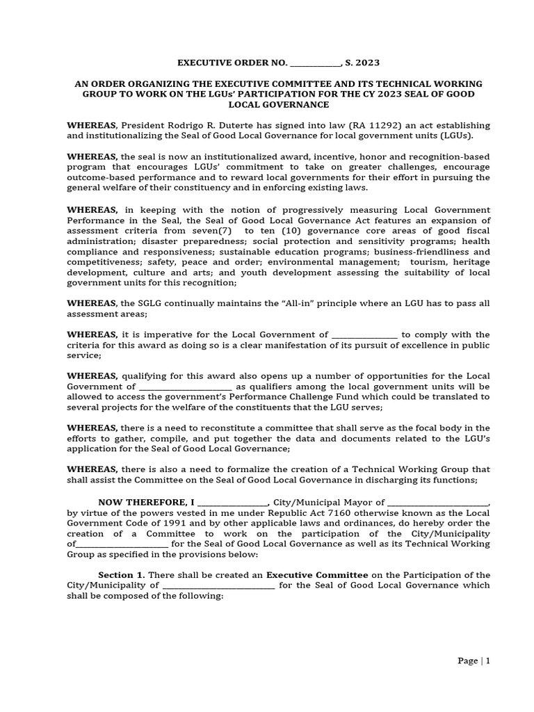 LGU Executive Order for Good Governance | PDF | Local Government ...