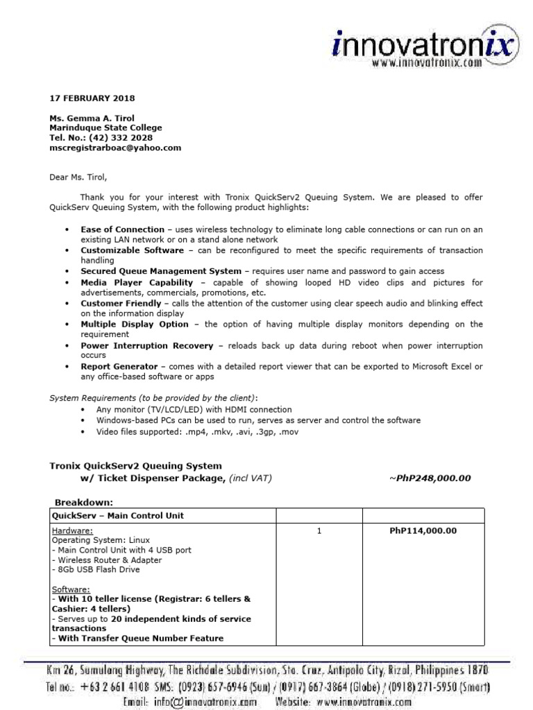 Tronix QuickServ2 Queuing System Quotation | PDF | Computer Network | Usb