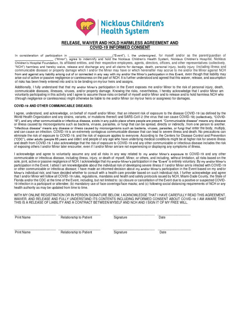 Event Release Waiver and HH Agreement and Covid 19 Informed Consent ...