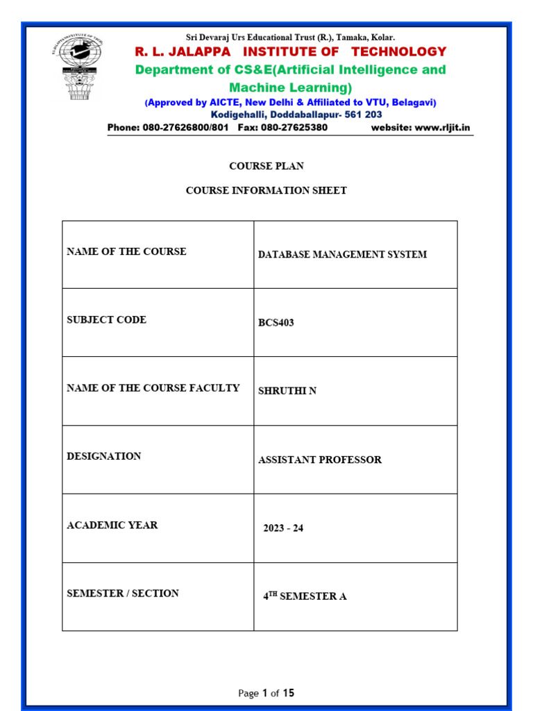 DBMS 4TH Sem Course File | PDF | Relational Model | No Sql
