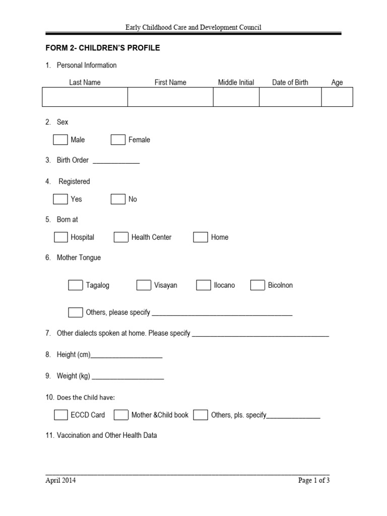 Form 2childrens Profile REVISED | PDF | Child Care | Preschool