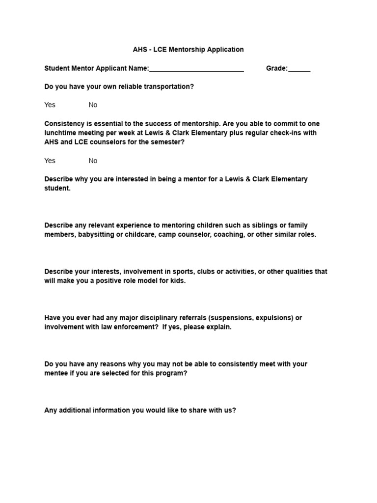 AHS - LCE Mentorship Application | PDF | Mentorship | Teaching
