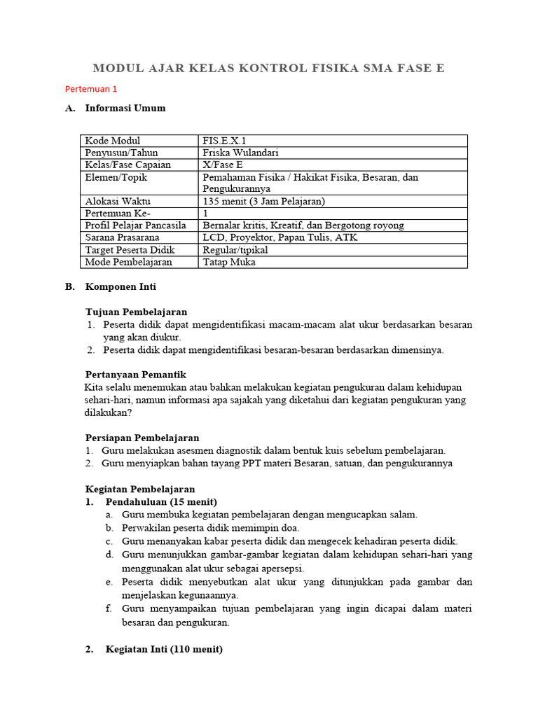 Modul Ajar Kelas Kontrol Friska | PDF