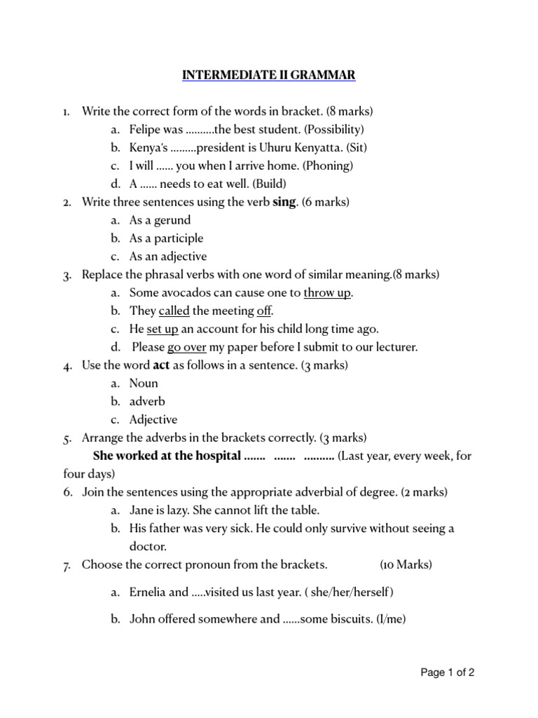 Mixed Grammar Exercises Intermediate ESL | PDF | Adverb | Verb