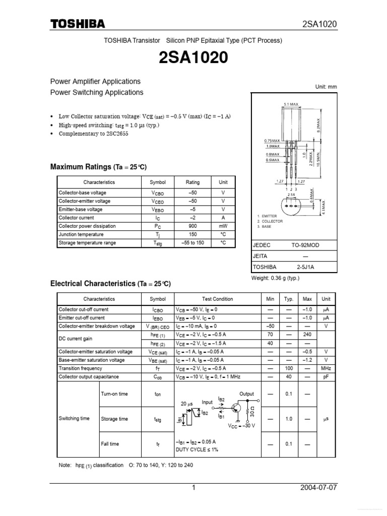 2SA1020 PNP Transistor Datasheet | PDF | Bipolar Junction Transistor ...