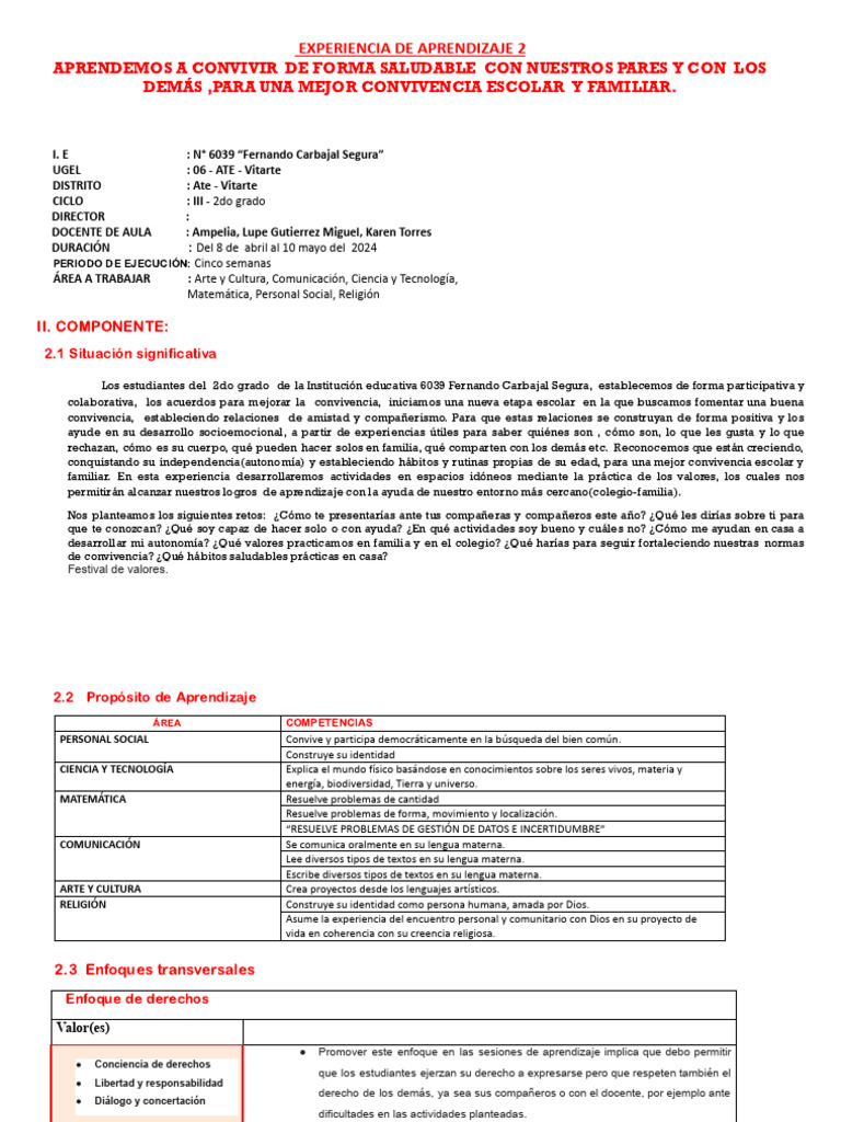 EXPERIENCIA DE APRENDIZAJE #2 Final Abril 2024 | PDF | Evaluación | Aprendizaje