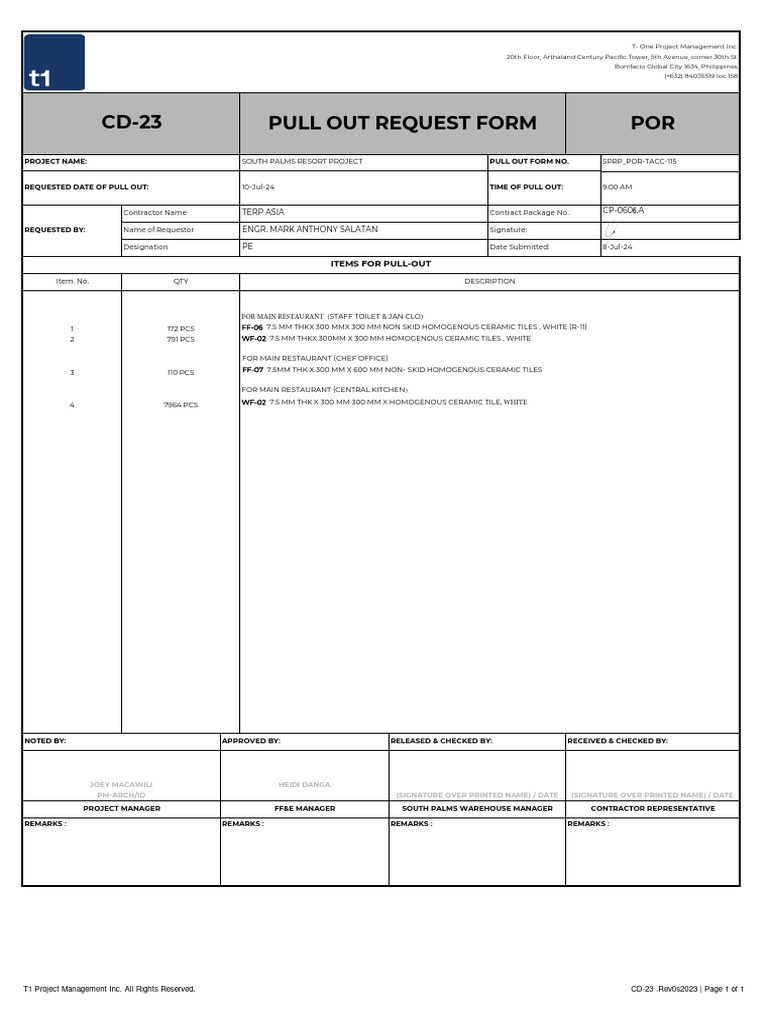 SPRP - Por-Cp-0304-115 Request For Pull Out of Osm | PDF