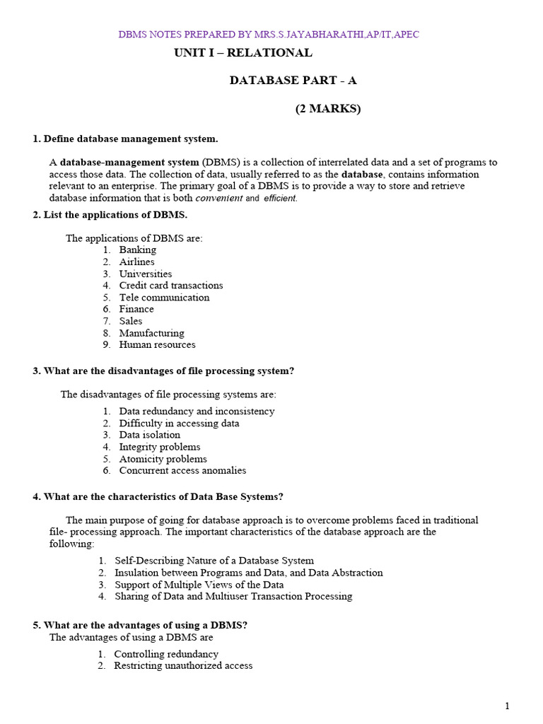 2 MARKS WITH ANSWERS AND PART-B QUESTIONS ONLY | PDF | Databases | Relational Model