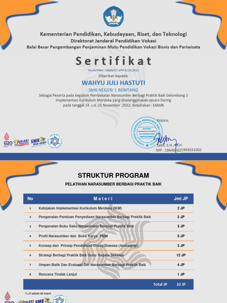 Sertifikat Narasumber Berbagi Praktik Baik 1 | PDF