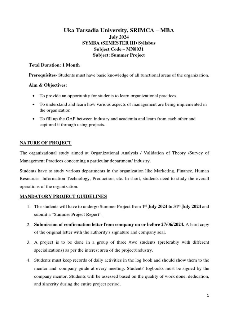 MBA-Semester-III - MN8031 - Summer Project - 2024 (Guidelines) | PDF | Human Resource Management ...