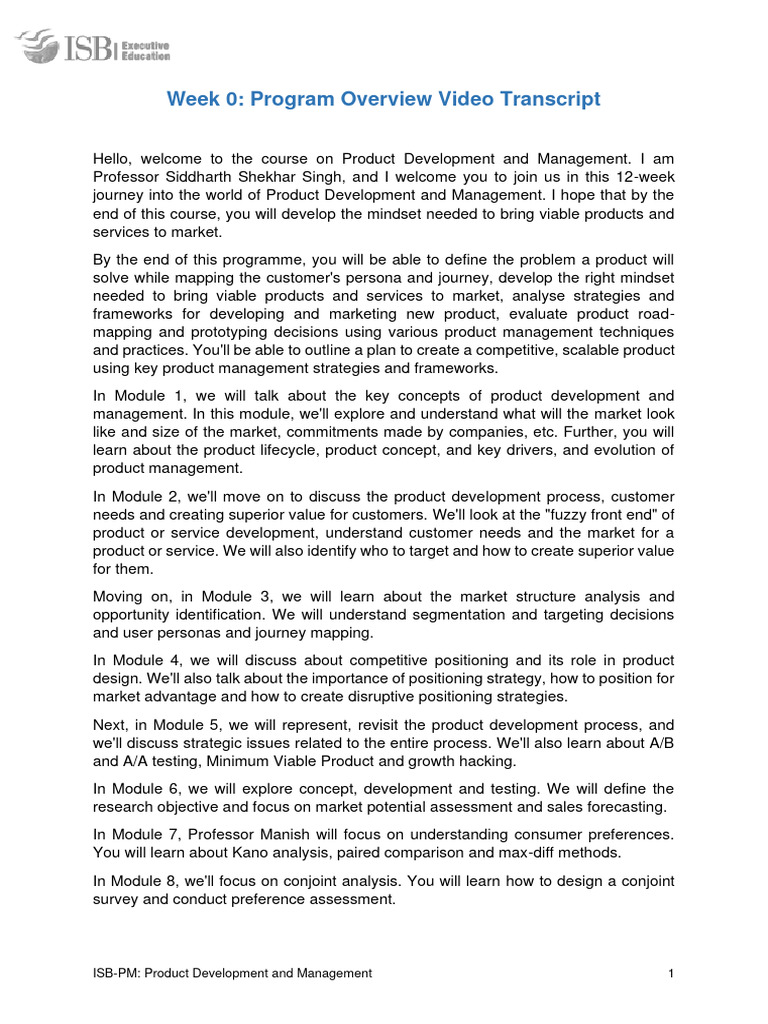 ISB-PM Programme Overview Transcript | PDF | New Product Development | Strategic Management