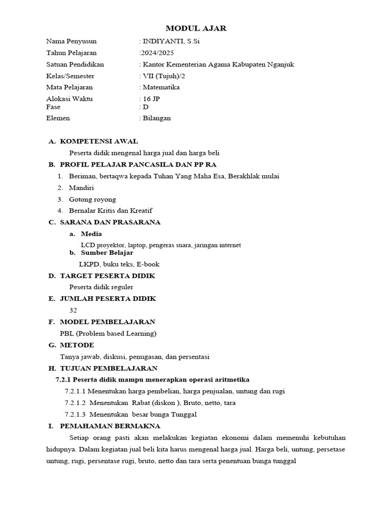 Contoh Modul Ajar - Aritmatika Sosial | PDF