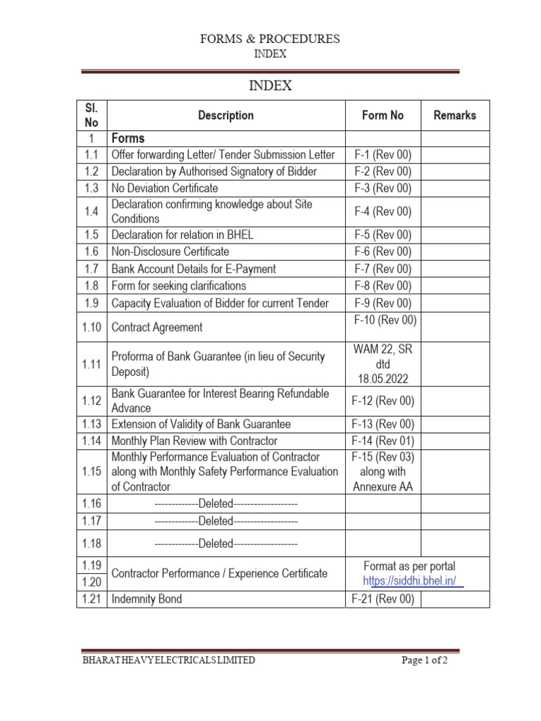 BHEL Forms and Procedures Index | PDF | Guarantee | Surety