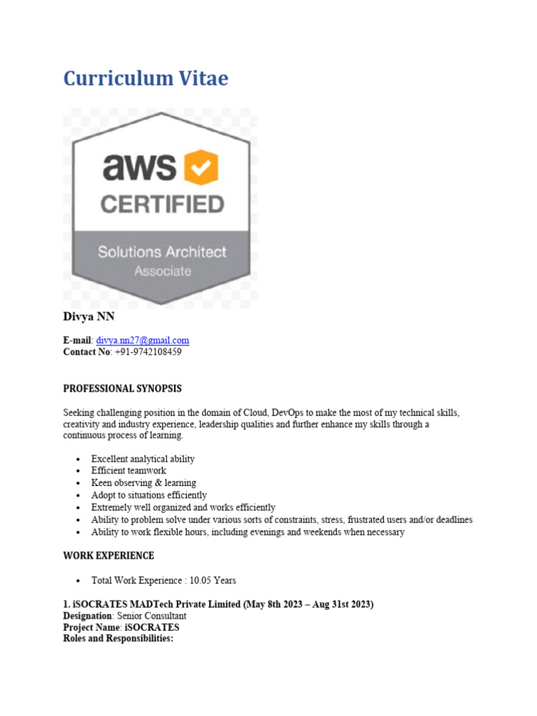 Curriculum Vitae: Divya NN | PDF | Cloud Computing | Load Balancing (Computing)