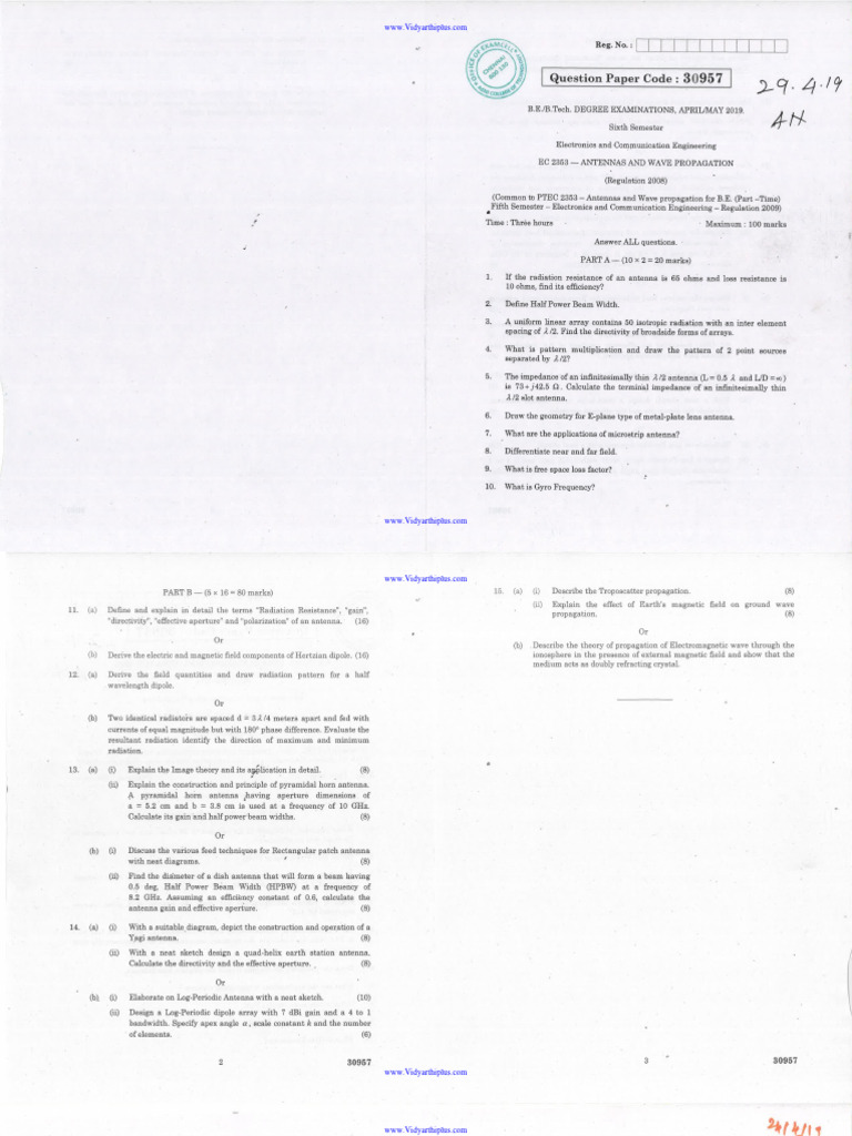 5 Years Anna University Question Paper Antenna and Wave Propagation ...