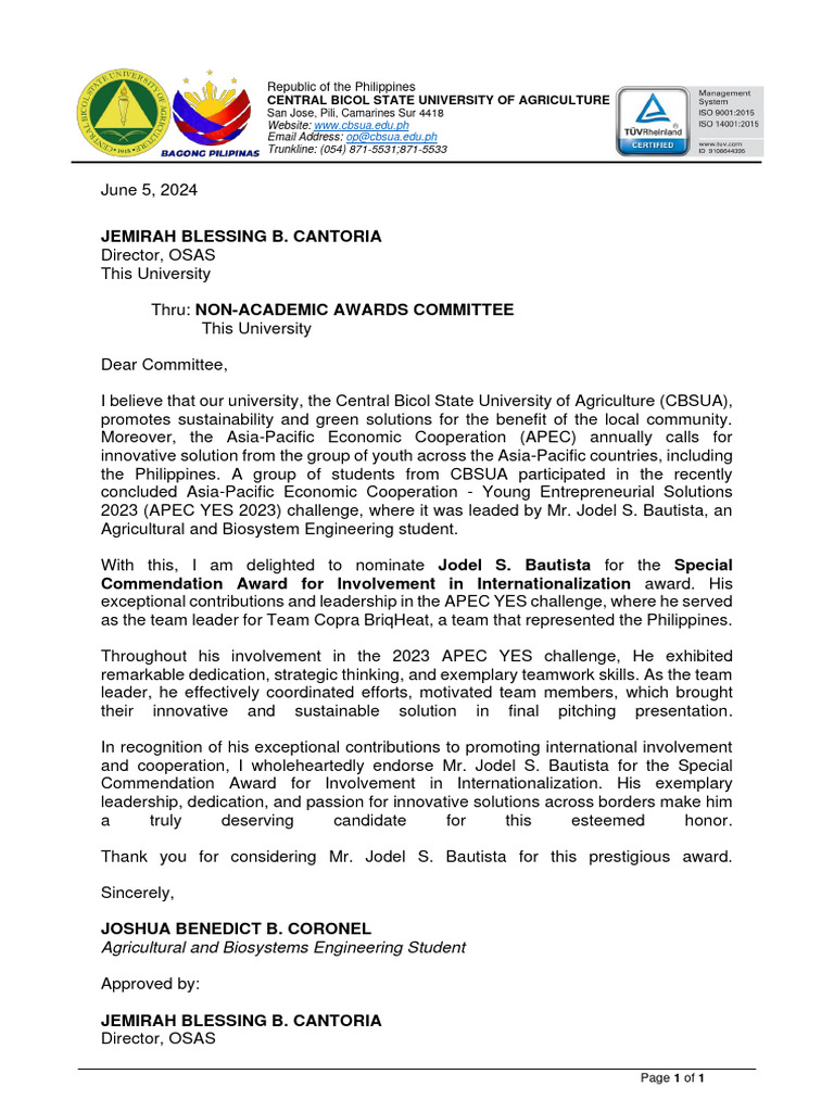 Oath, Nomination Letters | PDF | Asia Pacific Economic Cooperation