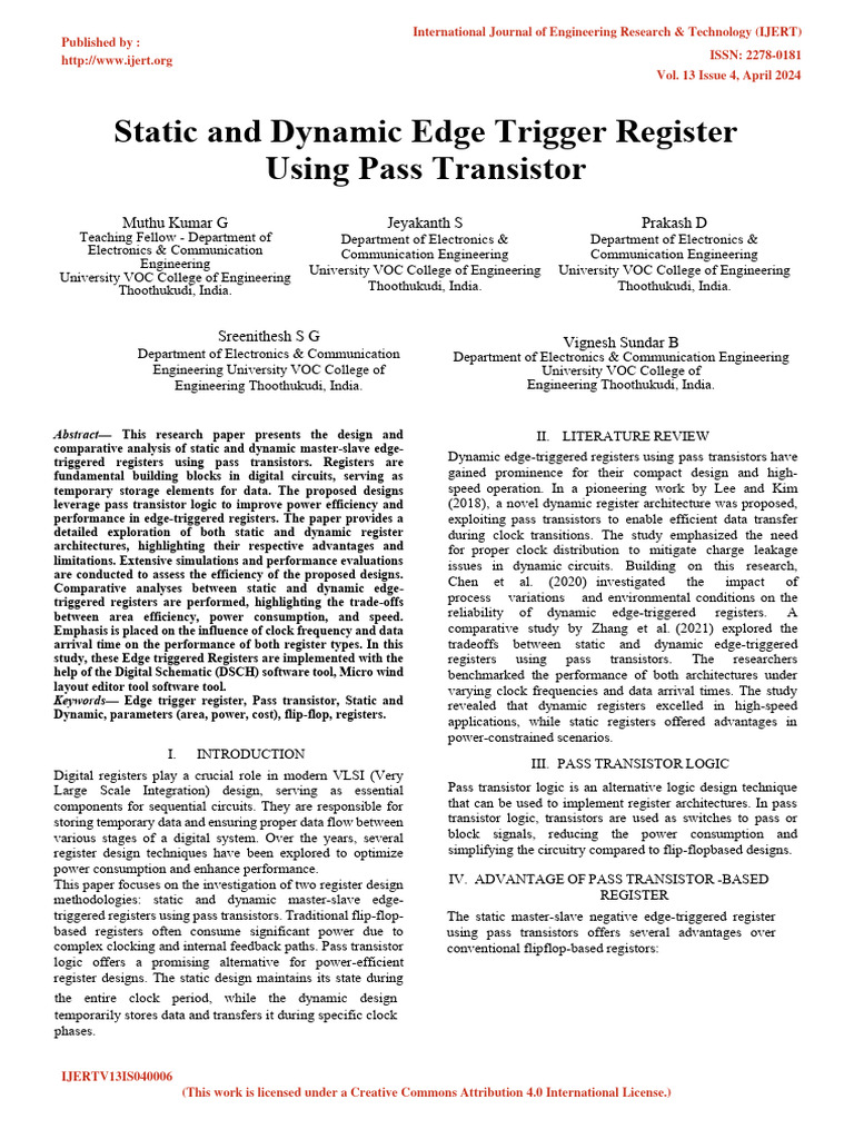 Static and Dynamic Edge Trigger Register Using Pass Transistor IJERTV13IS040006 | PDF | Logic ...