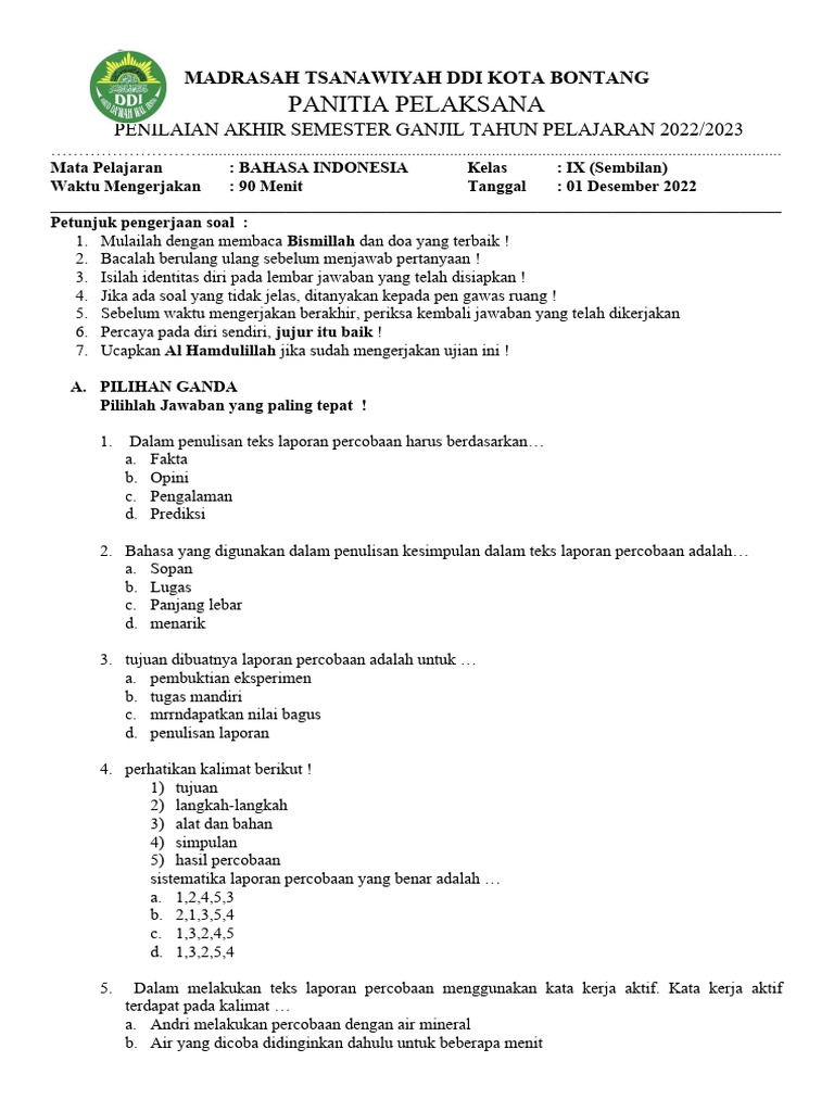 Soal Bindo 9 Pas Ganjil 2022 2023 | PDF