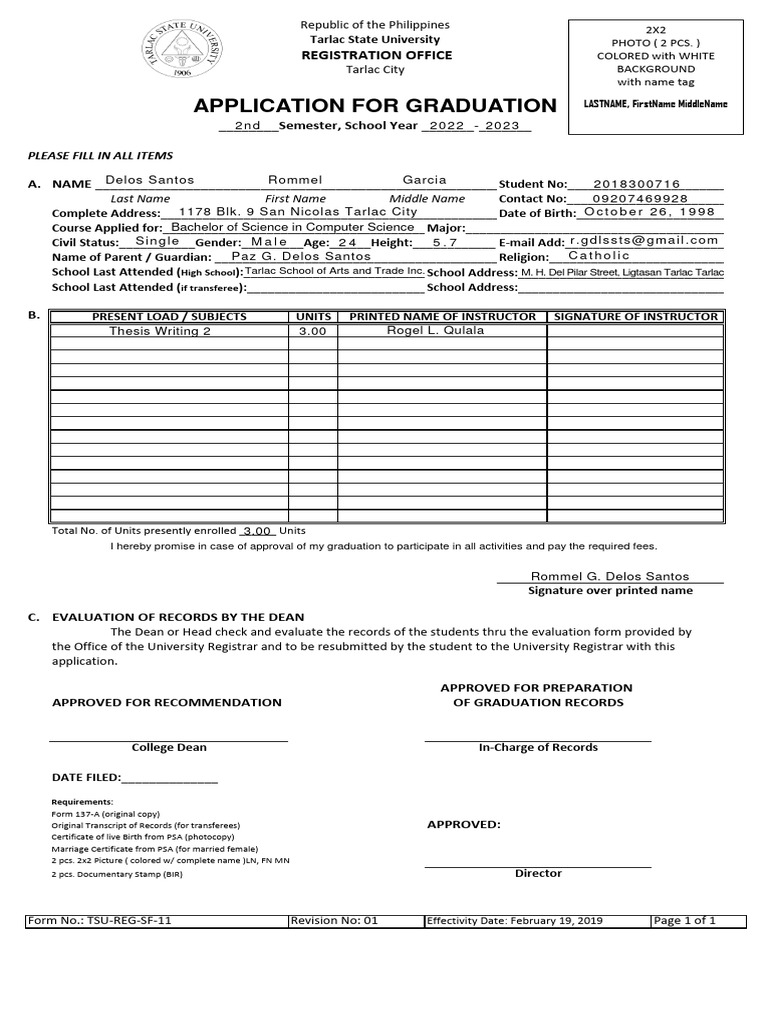 rmmlAPPLICATION FOR GRADUATION Rev01 1 | PDF