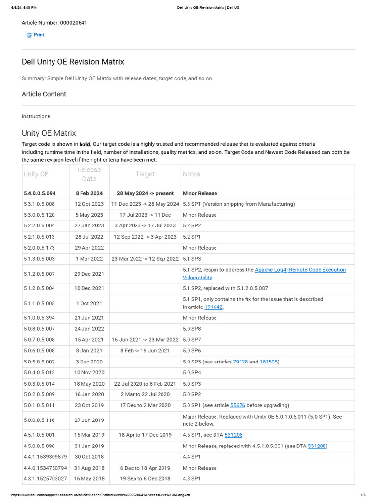 Dell Unity OE Revision Matrix _ Dell US | PDF | Software Release Life ...