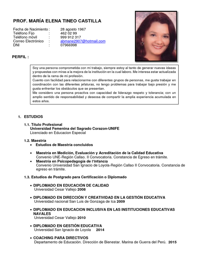 CV - Licenciada María Elena Tineo | PDF | Educación especial | Maestros