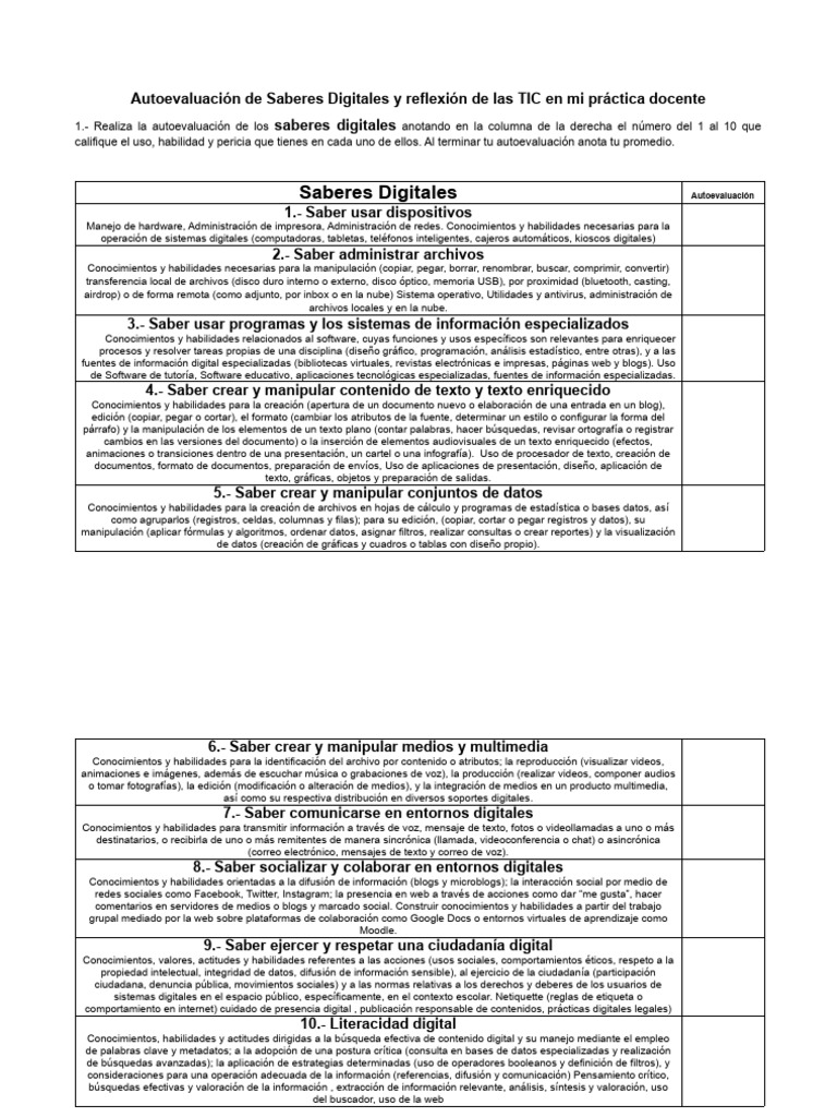 Autoevaluación de Saberes Digitales y Reflexión de Las TIC en Mi ...