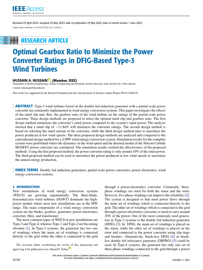 Optimal Gearbox Ratio To Minimize The Power Converter Ratings In Dfig Based Type 3 Wind Turbines