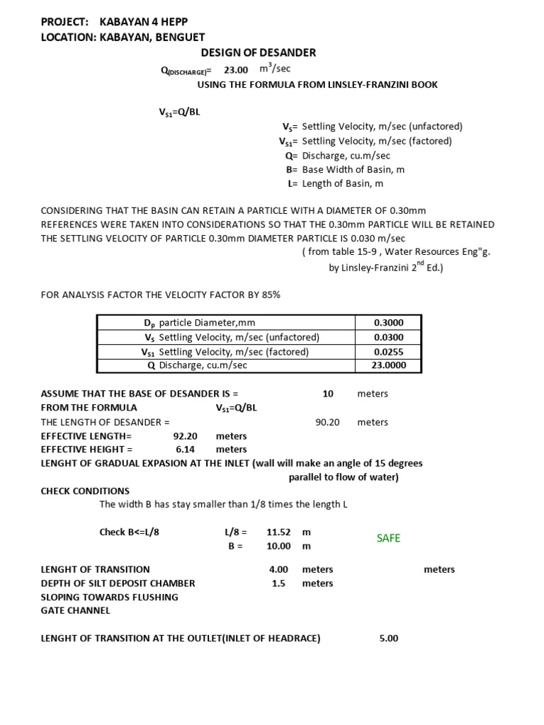 Kabayan 4 HEPP Desander DESIGN | PDF | Civil Engineering | Mechanical ...