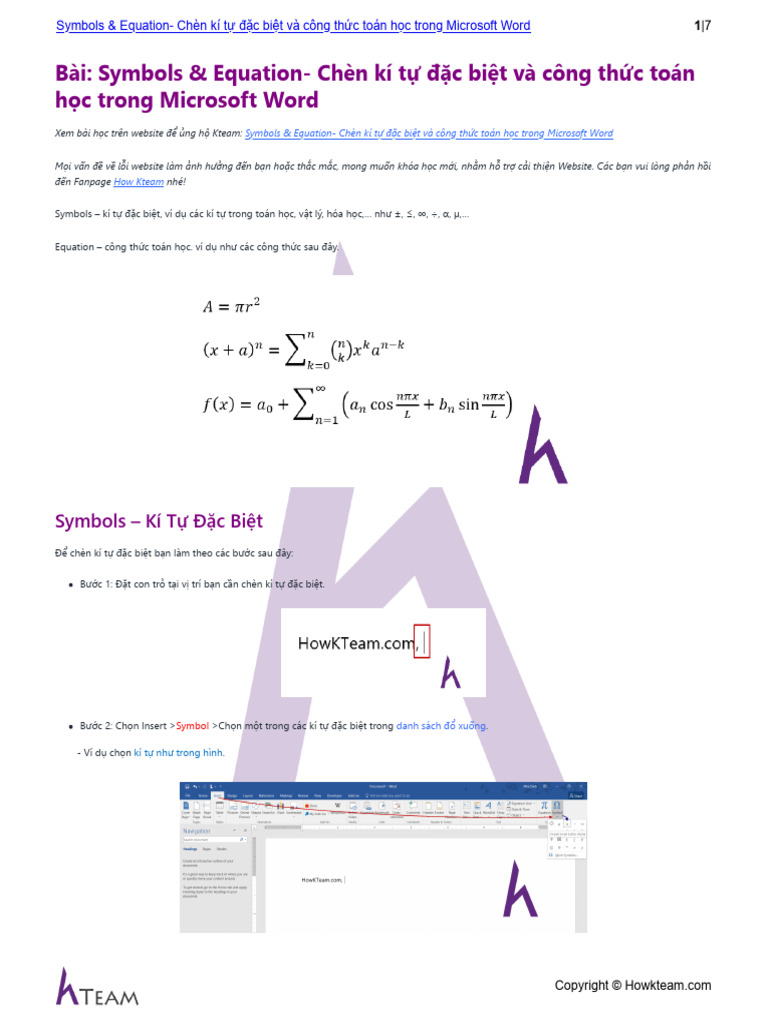 HOWKTEAM.VN - Symbols & Equation- Chèn kí tự đặc biệt và công thức toán học trong Microsoft Word ...