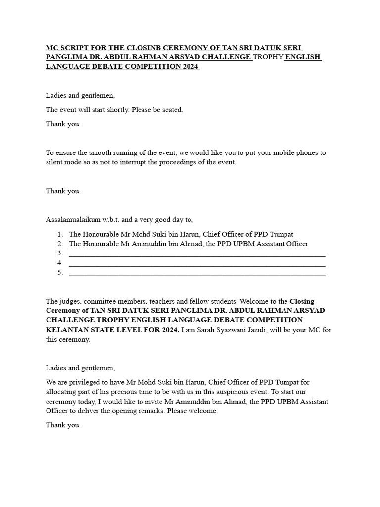 2024 Kelantan Debate Closing Ceremony MC Script | PDF