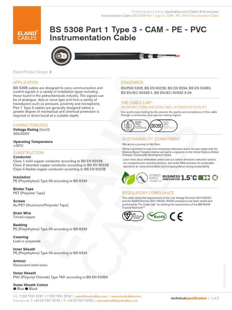 bs5308 Part 1 Type 3 Cam Lead Pe Swa PVC Instrumentation Cable | PDF ...