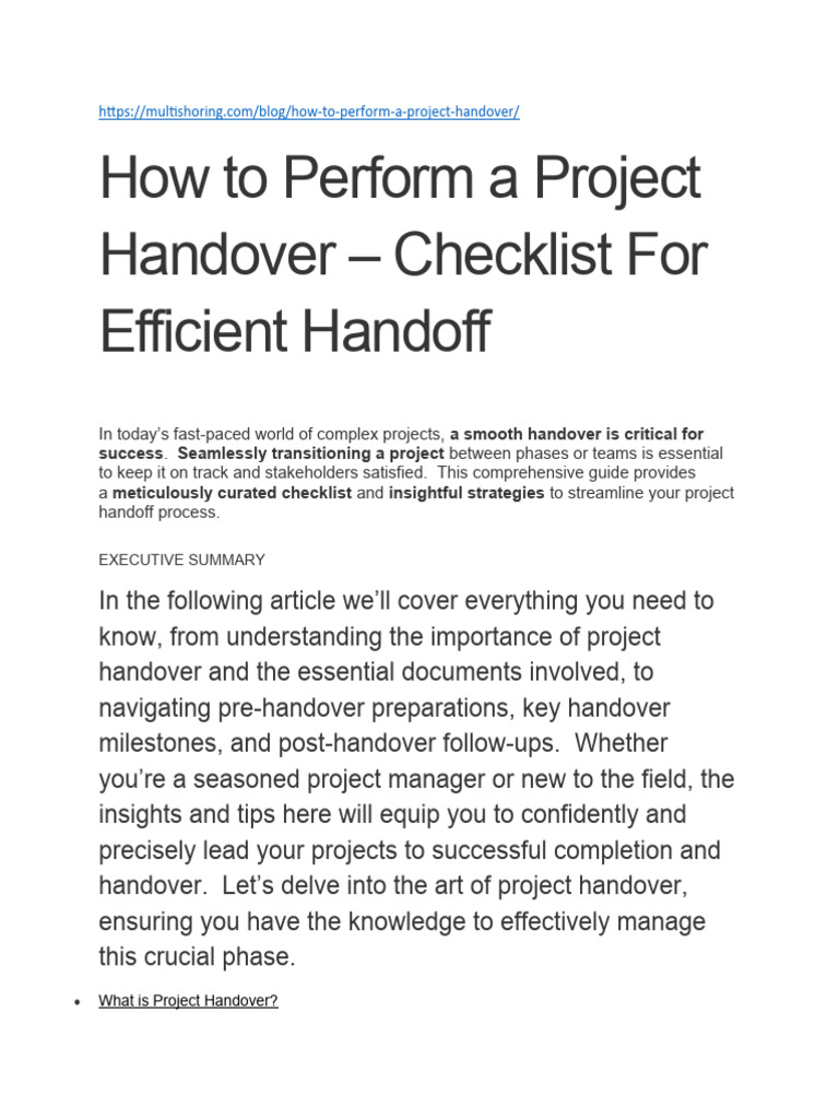 How To Perform A Project Handover - Checklist For Efficient Handoff | PDF | Goal | Usability