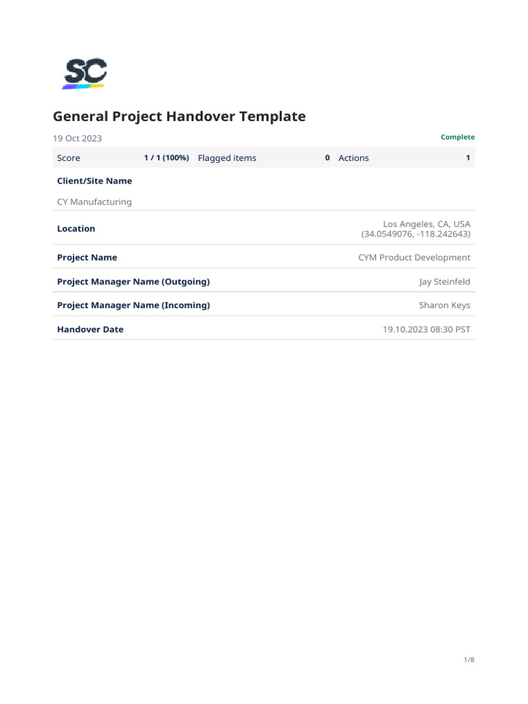 Project Handover Template Sample Report SafetyCulture | PDF | Project ...