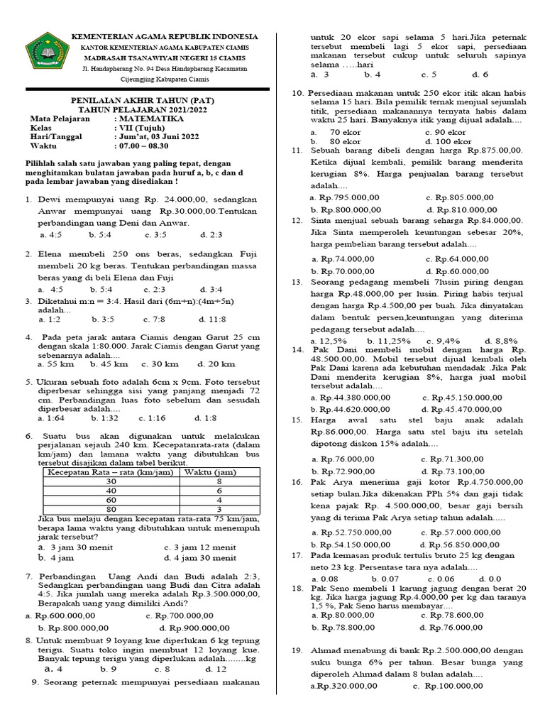 Soal Pat - MTK - 7 - Final | PDF