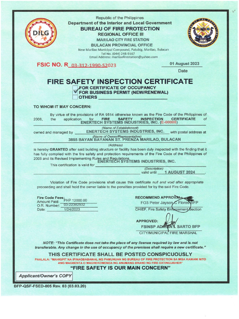 4.17 FIRE SAFETY INSPECTION CERTIFICATE 2023-2024 | PDF