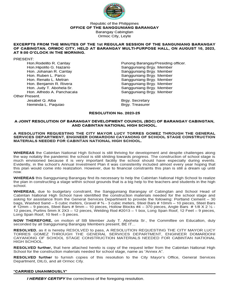 Resolution 25 - Resolution Requesting For CNHS School Stage | PDF ...