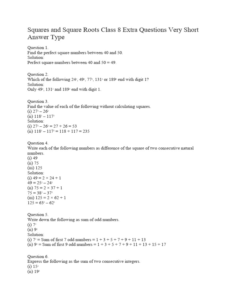 Class 8 Math: Squares & Roots | PDF | Mathematical Concepts ...