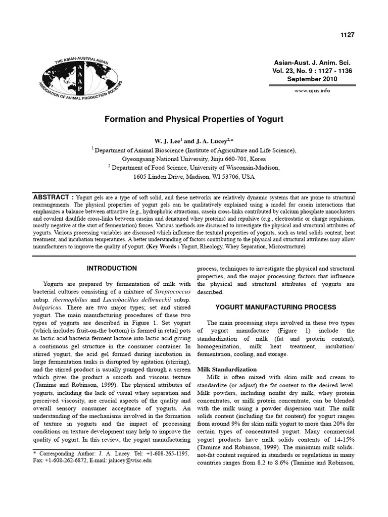 Formation and Physical Properties of Yogurt | PDF | Viscoelasticity | Milk