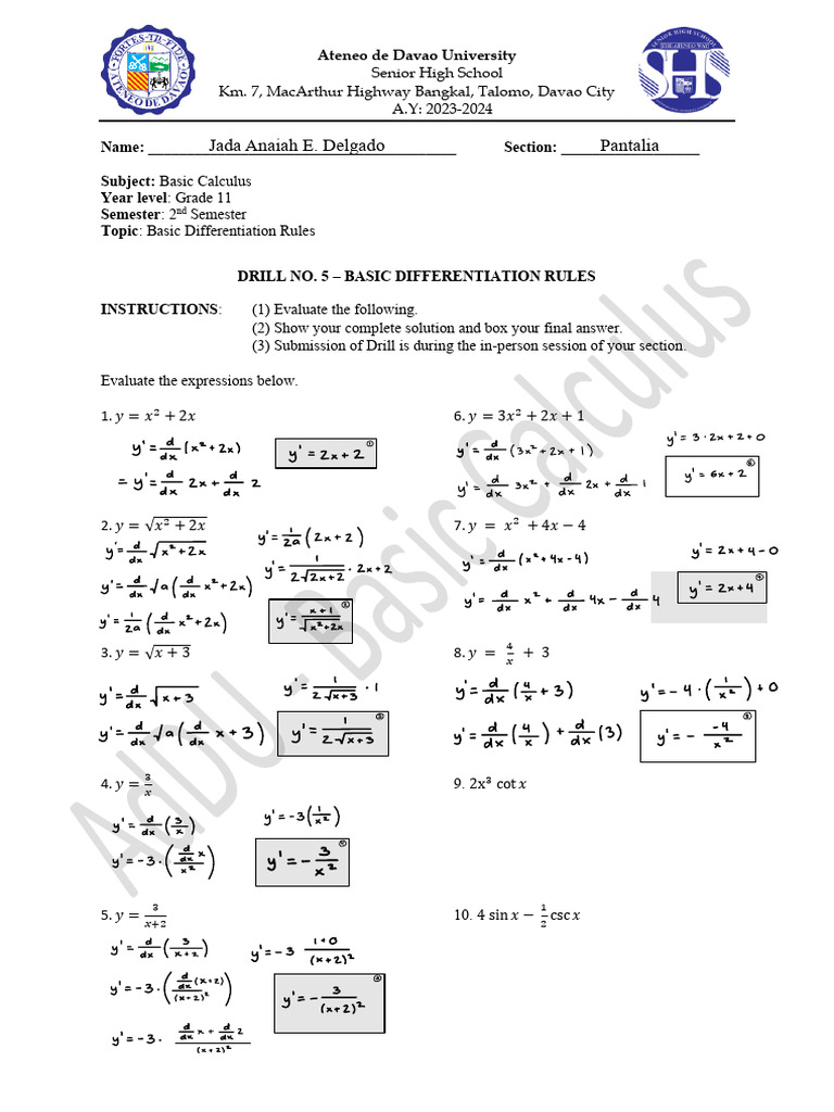 Drill 5 - Basic Differentiation Rules - Delgado | PDF | Calculus | Mathematical Analysis