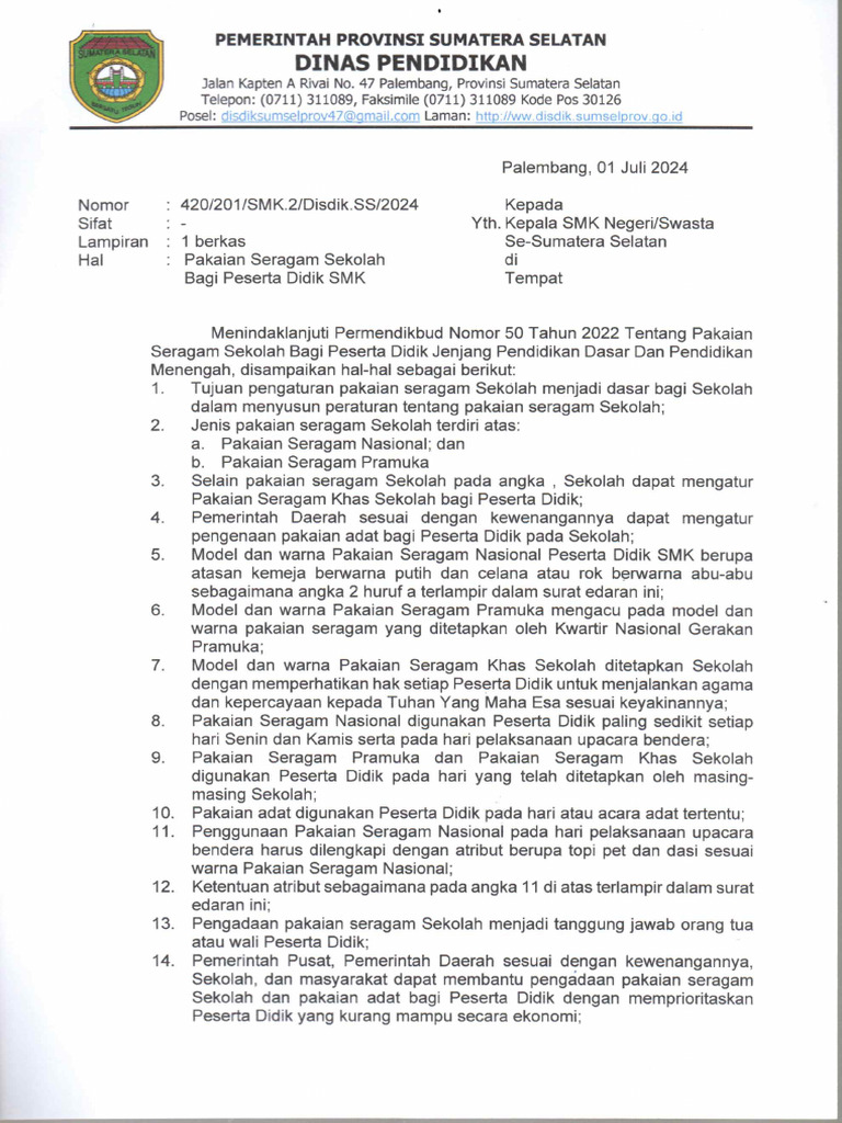 Surat Edaran Pakaian Seragam Sekolah | PDF