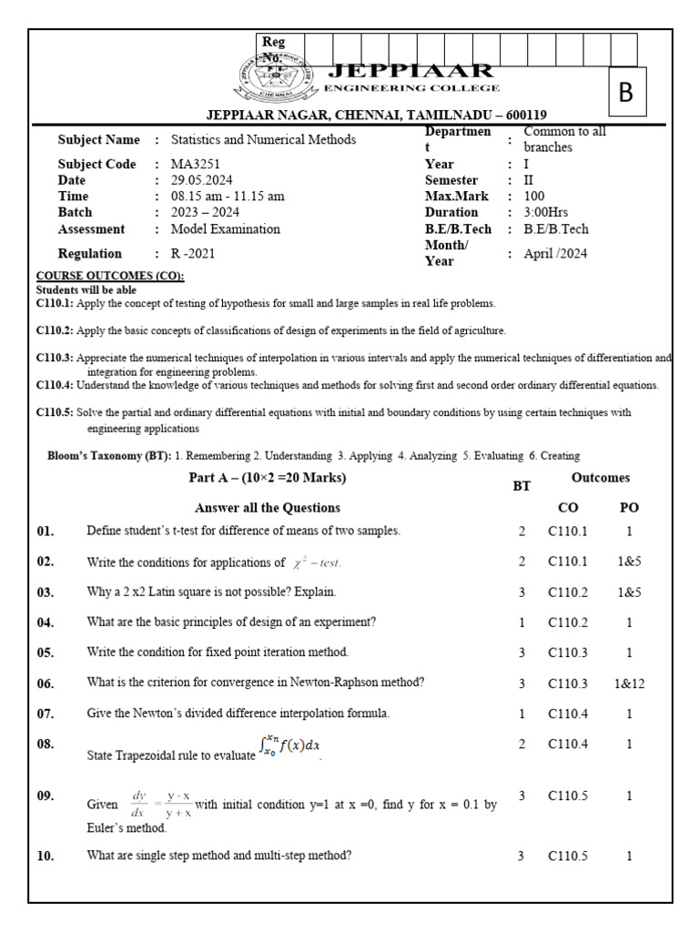 Model Ma3251 Type B | PDF | Numerical Analysis | Statistics