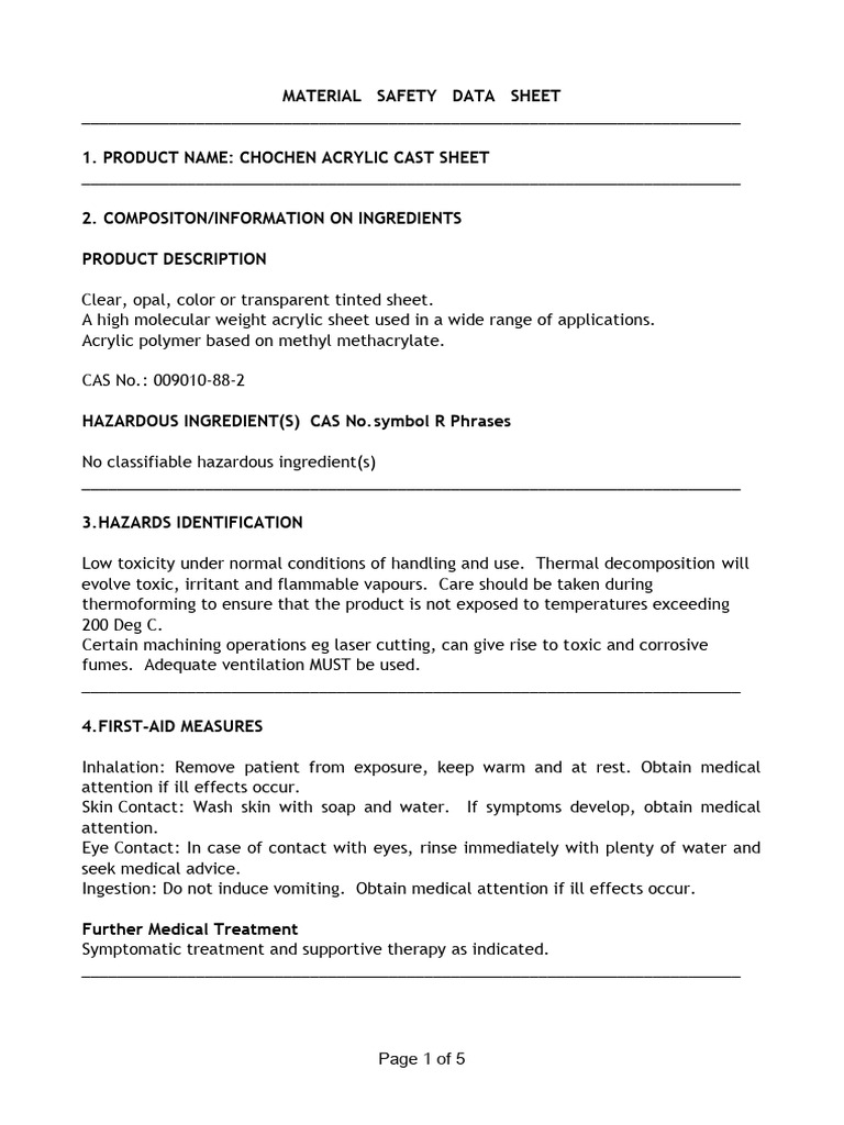 MSDS PMMA安全資料表 | PDF | Poly(Methyl Methacrylate) | Toxicity